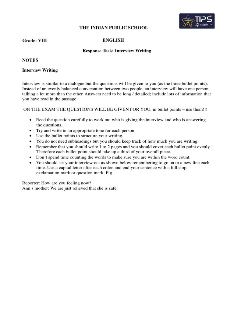 Grade 8 Interview Writing Worksheet 2 | PDF