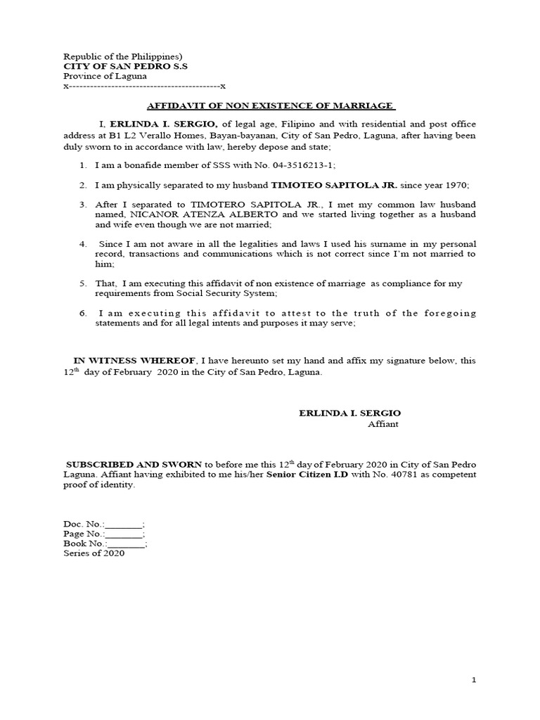 Affidavit of Non-Existence of Marriage | PDF | Politics | Law