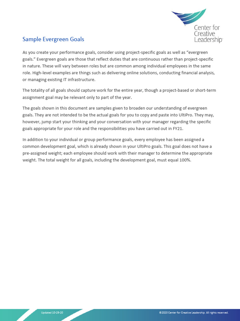 Evergreen Goals for Project Management and Leadership | PDF