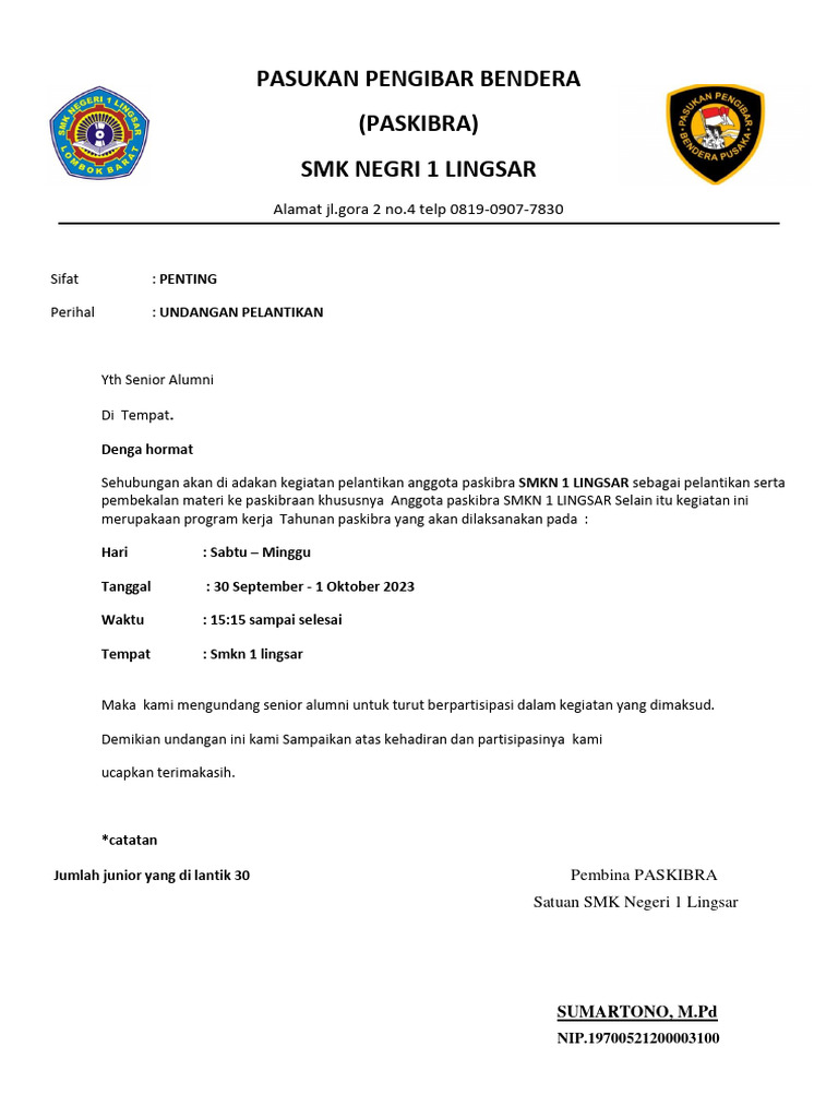 Undangan Pelantikan Paskibra SMKN 1 Lingsar | PDF