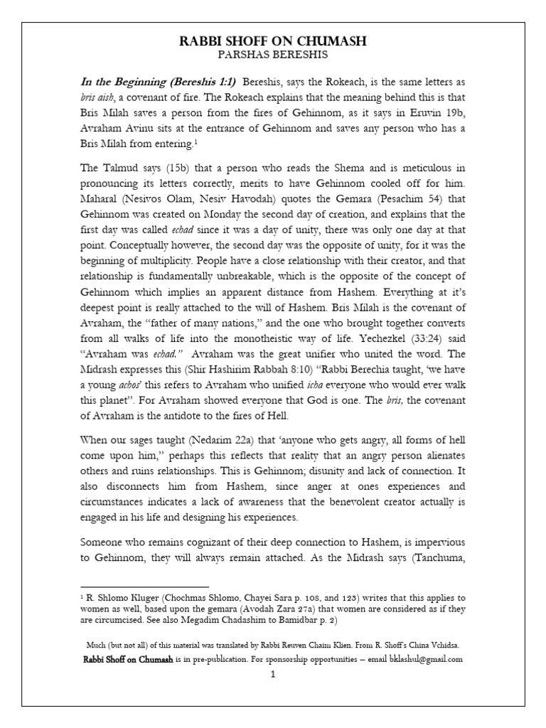 R Shoff On Chumash - Weekly Sheet - Parshas Bereshis 2023 | PDF ...