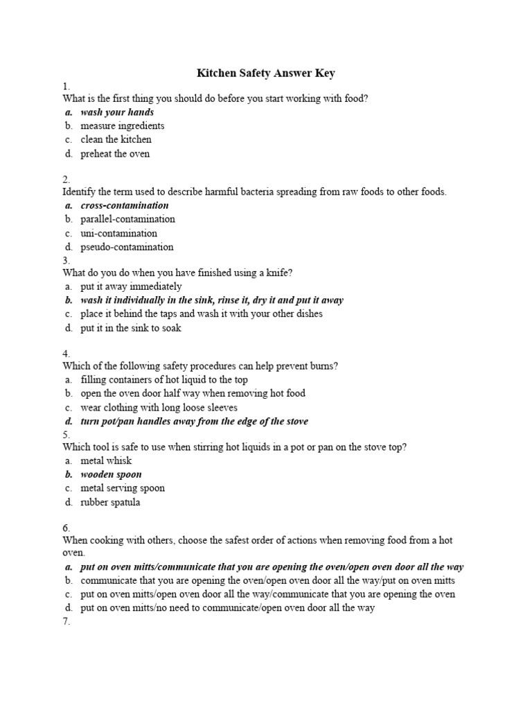 Kitchen Safety Answer Key | PDF