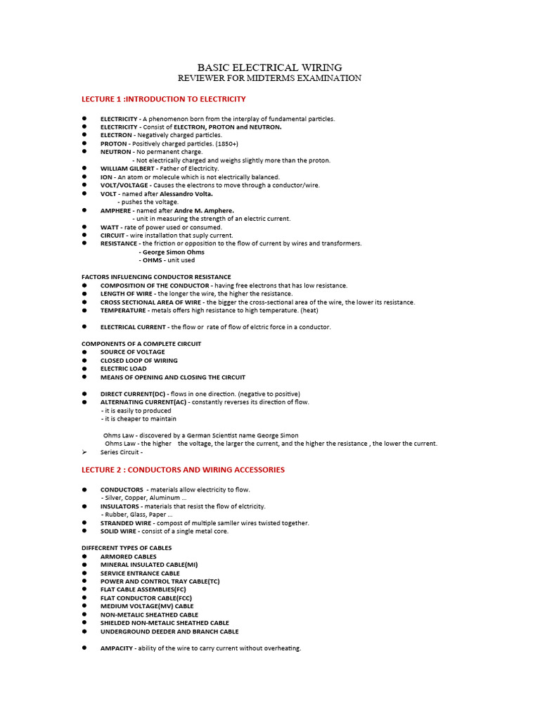 Basic Electrical Wiring Midterm Review | PDF | Electrical Resistance ...