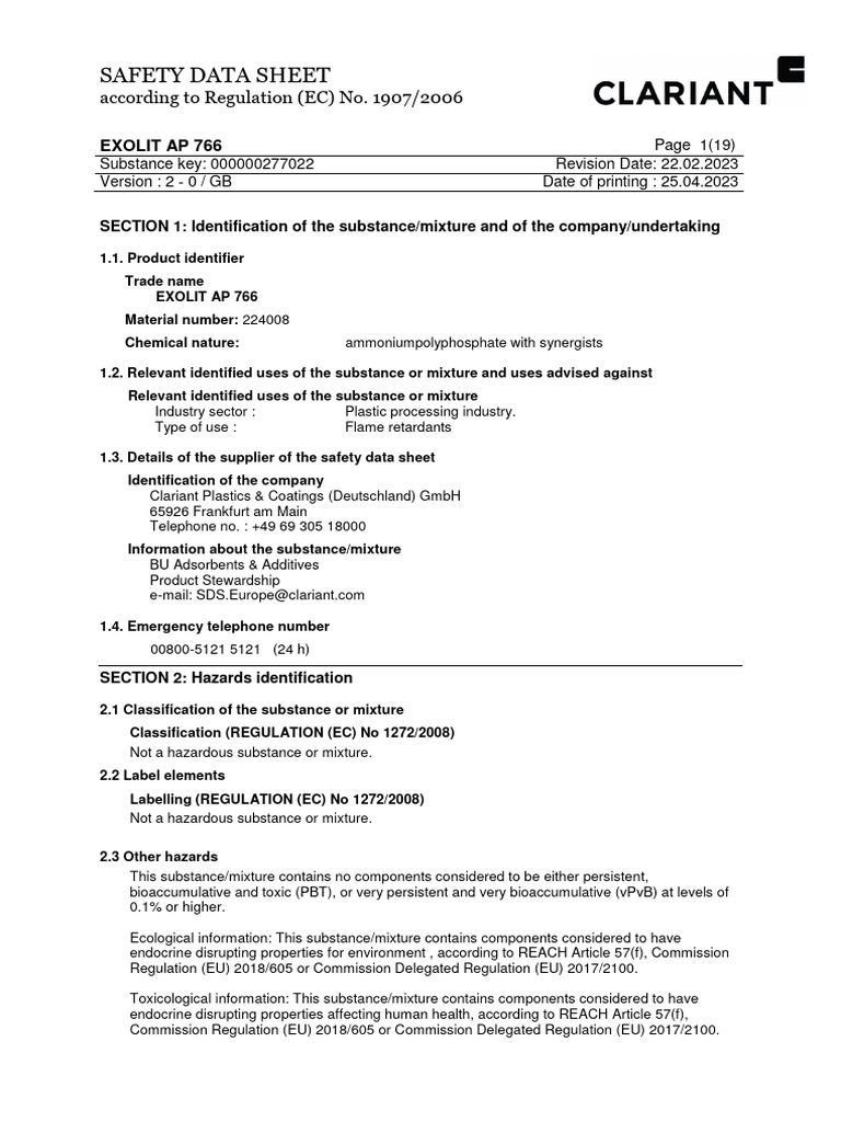 Clariant SDS EXOLIT AP 766 United Kingdom English | PDF | Toxicity | Chemistry