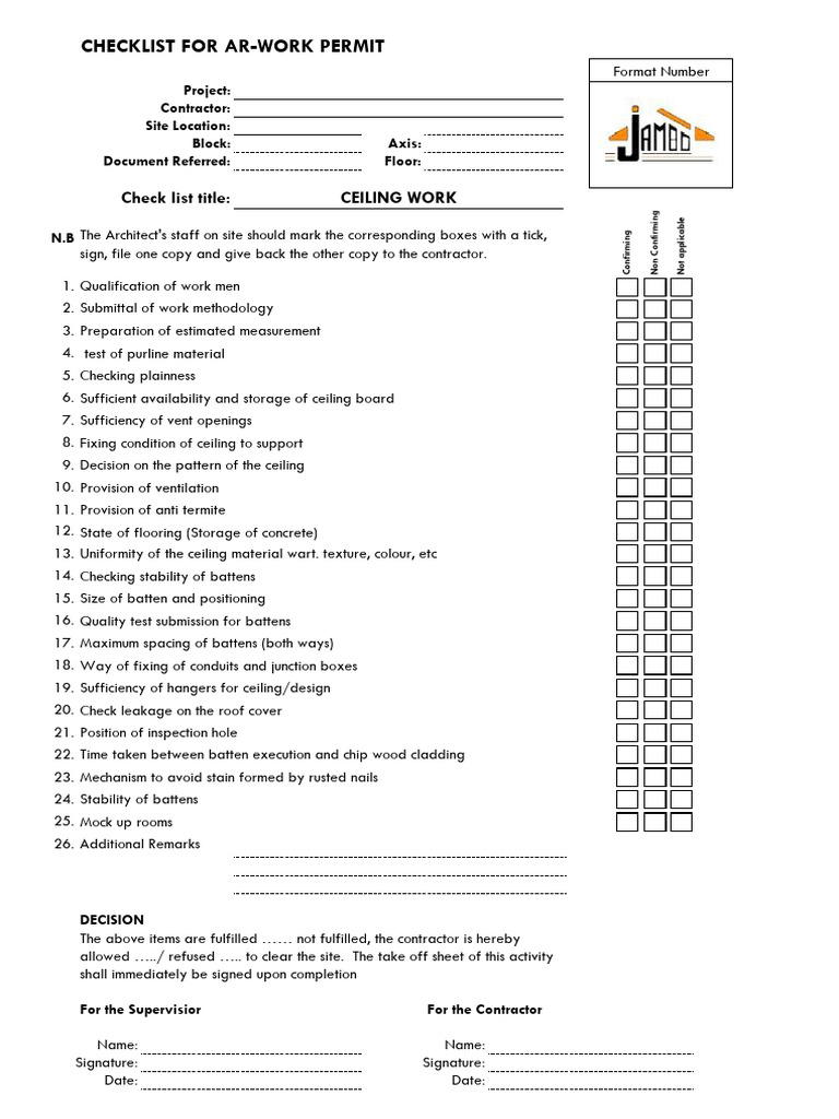 Ar -Work Inspection Checklist and Order | PDF | Masonry | Tile