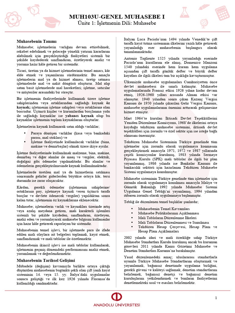 Genel Muhasebe 1 Ünite Özeti Vize | PDF