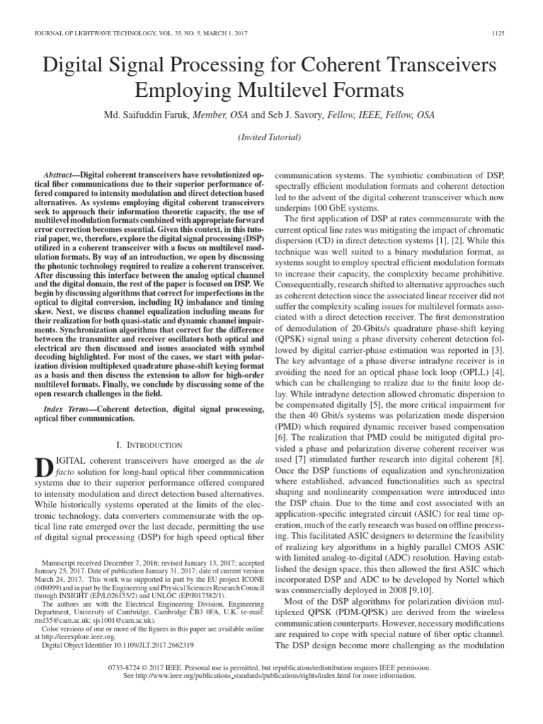 Dsp Tutorial 2017 Digital Signal Processing For Coherent Transceivers Employing Multilevel 