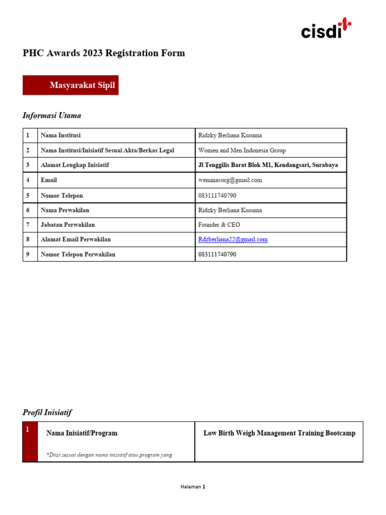 (Civil Society) PHC Awards Registration Form | PDF