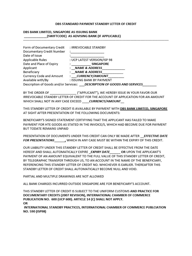 Payment Standby Loc DBS | PDF | Letter Of Credit | Business Law