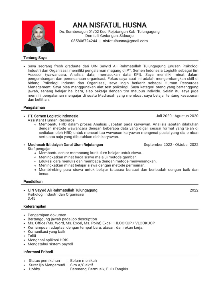 Berkas Lamaran Ana Nisfatul Husna | PDF