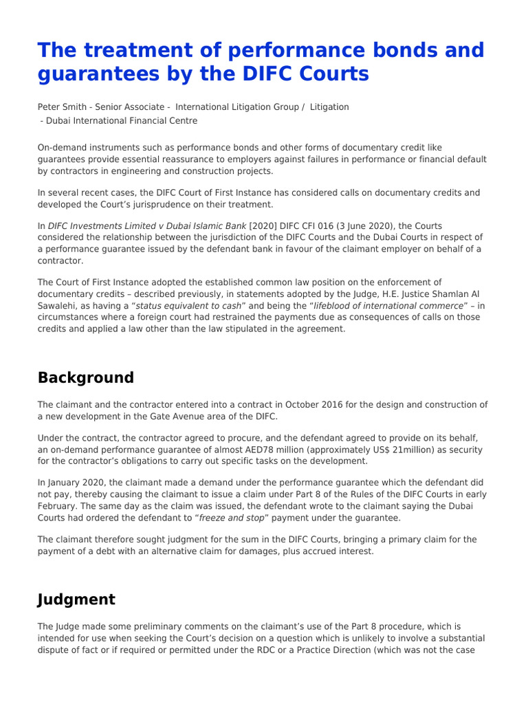 The Treatment of Performance Bonds and Guarantees by The DIFC Courts ...