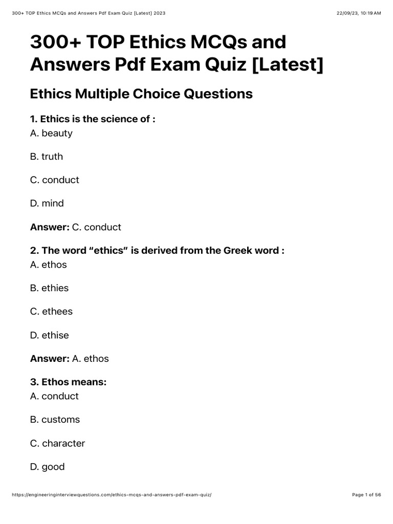 300+ Ethics MCQs with Answers PDF | PDF | Hedonism | Pleasure