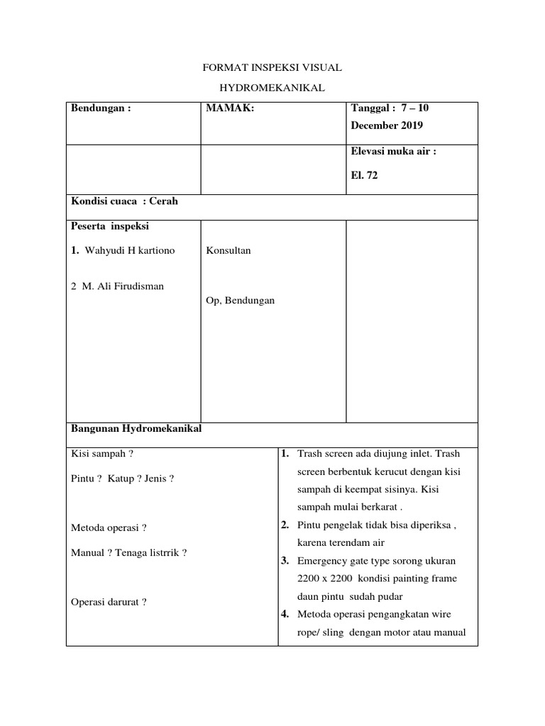 FORMAT INSPEKSI VISUAL Hidromekanikal | PDF