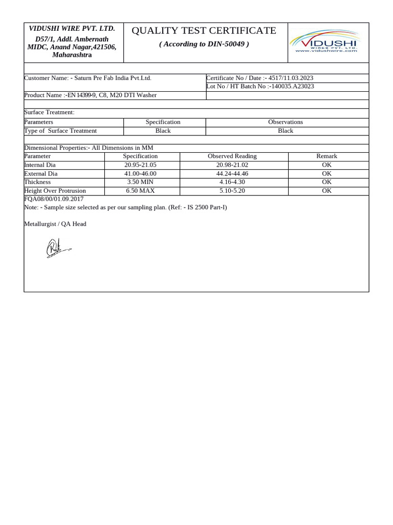 Quality Test for Industrial Washers | PDF