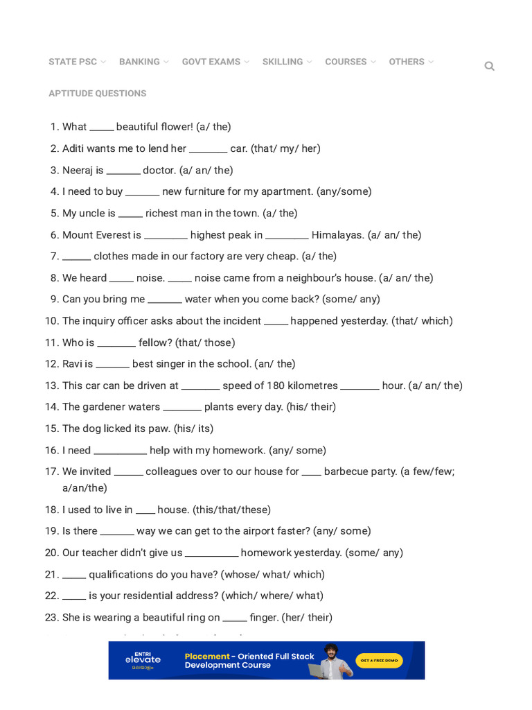 Determiners Exercises PDF With Answers - Entri Blog | PDF