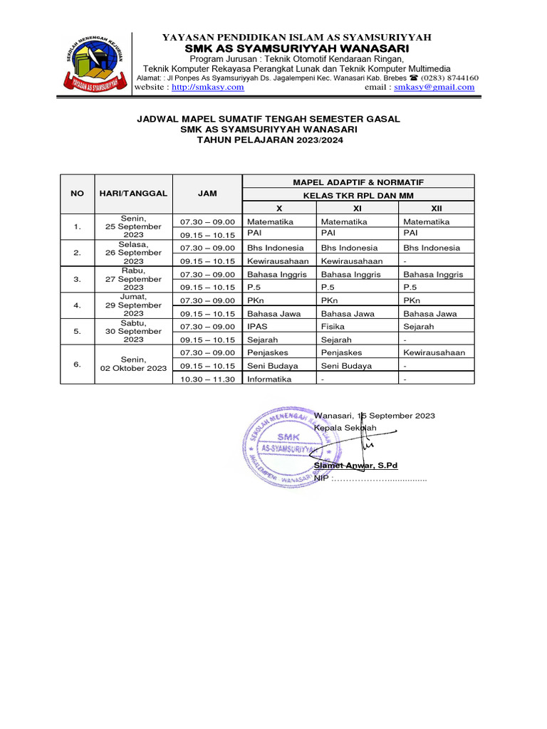 Jadwal Mapel SMK As Syamsuriyyah 2023 | PDF
