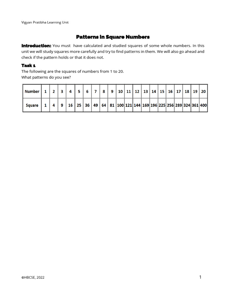 Patterns in Square Numbers SV - 01 - 09 - 2023 | PDF