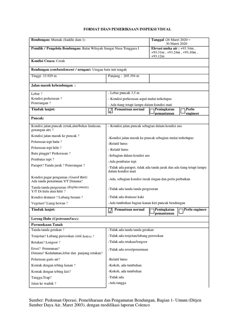 Daftar Simak Inspeksi Bendungan Mamak (Saddle 1) Rev2 | PDF