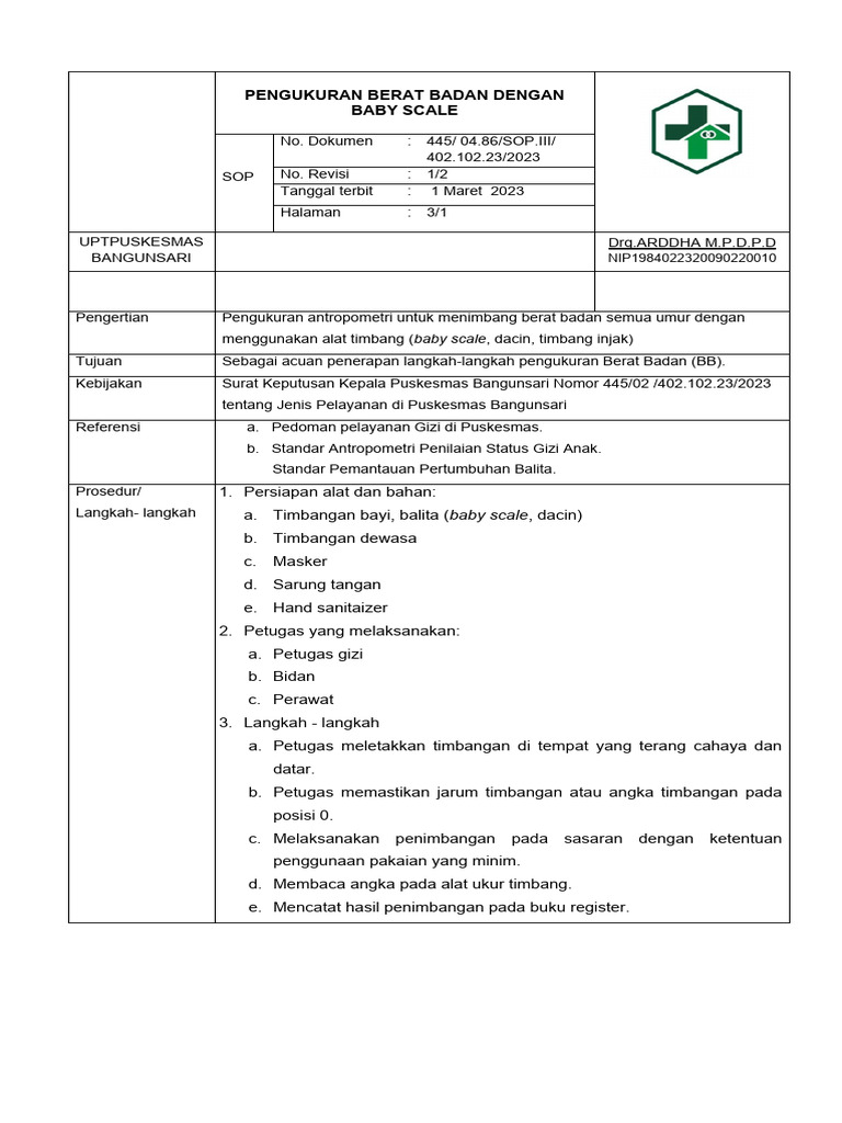 Sop Pengukuran Berat Badan Dengan Baby Scale | PDF