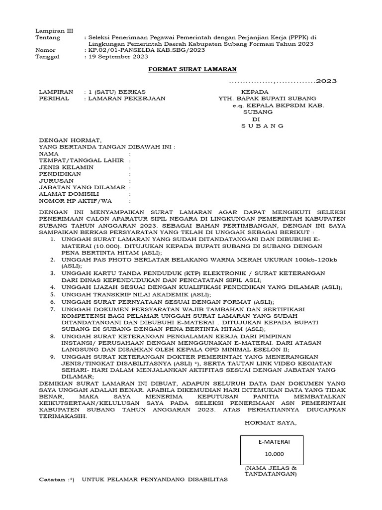 Lampiran III Format Surat Lamaran | PDF