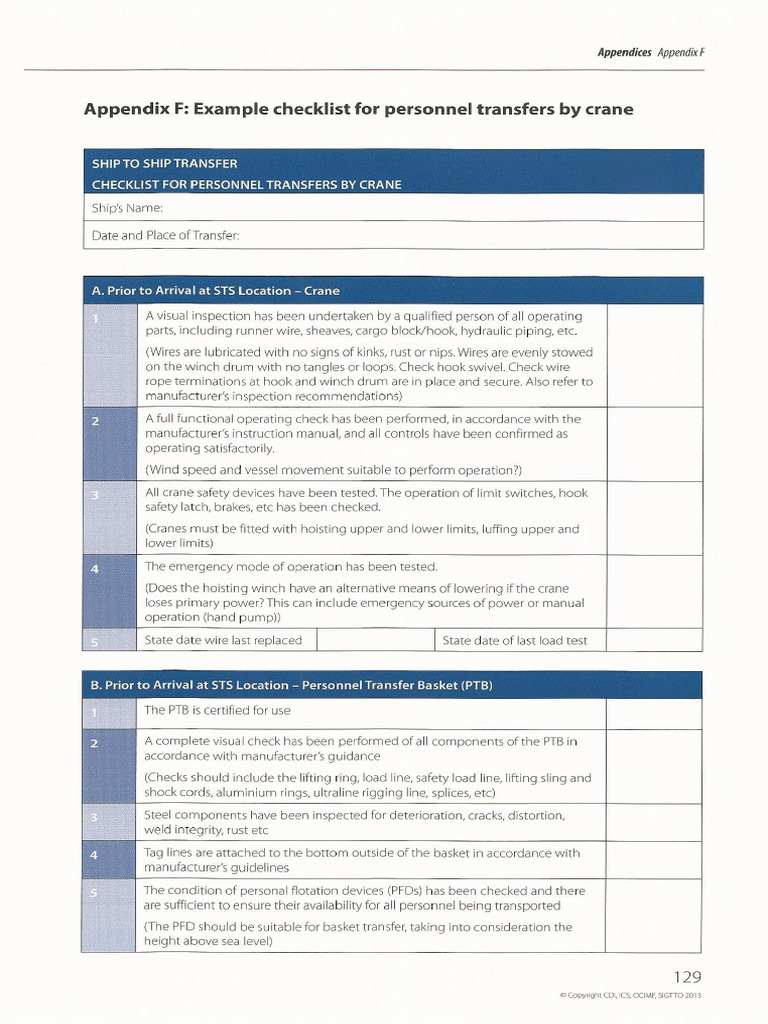 Appedix F Example Checklist for Personne; Transfer by Crane | PDF