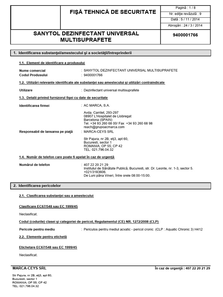 Fise Tehnica Sanytol Dezinfectant Multisuprafete | PDF
