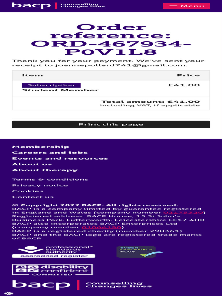 Confirmation of Payment - BACP - British Association For Counselling & Psychotherapy | PDF