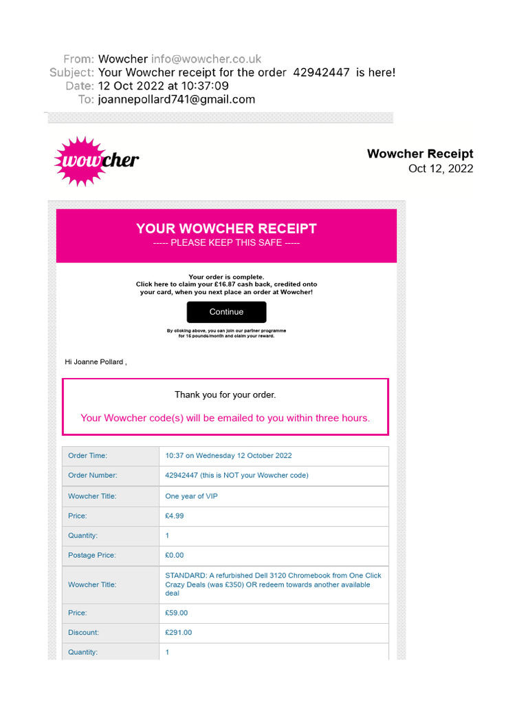 Your Wowcher Receipt For The Order 42942447 Is Here! | PDF