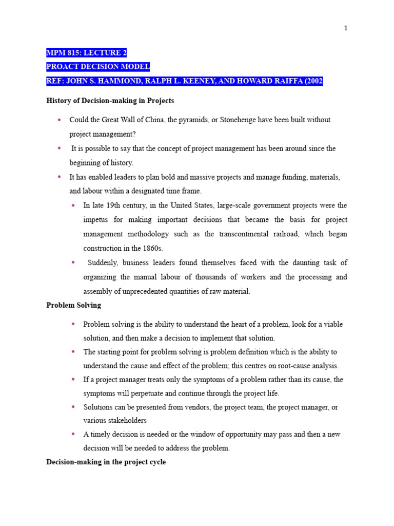 Mpm 815 Lesson 2 Proact Decision Model Notes Pdf