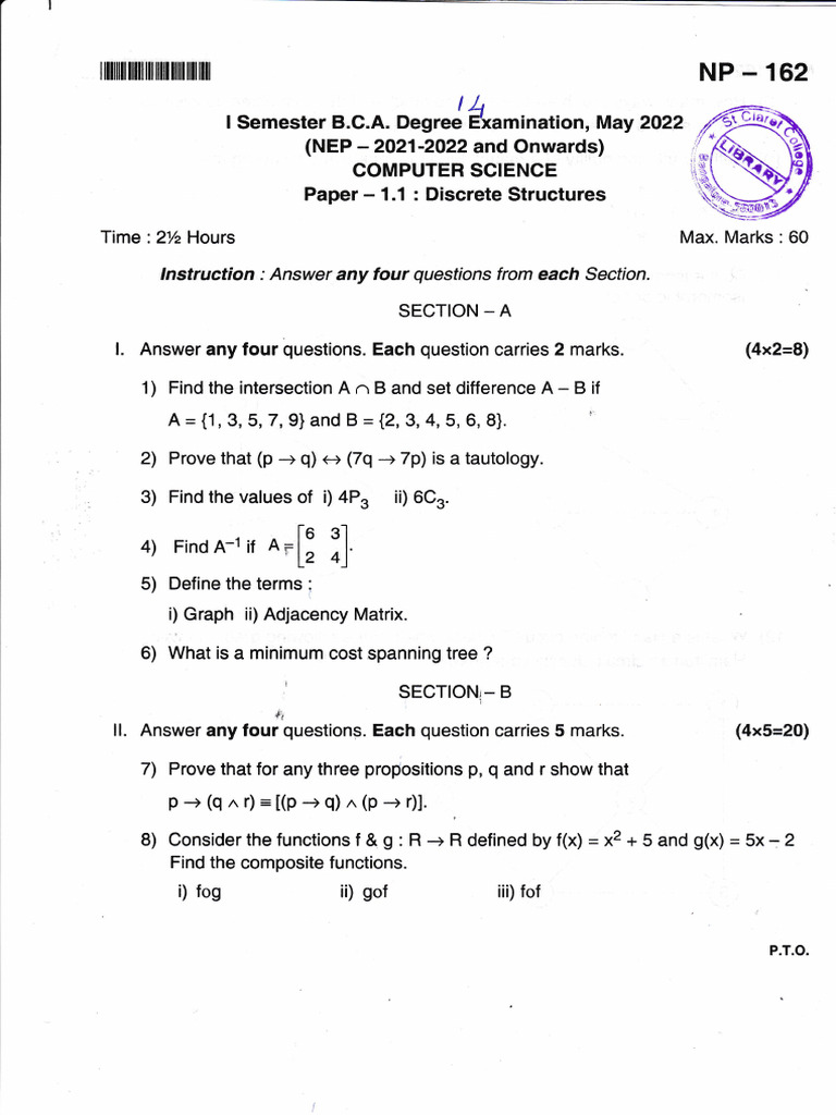 Discrete Structures Exam Paper May 2022 | PDF