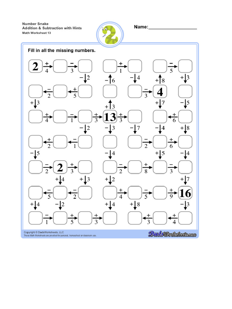 Puzzles - Number Snake Maze - Number Snake Mixed Addition and ...