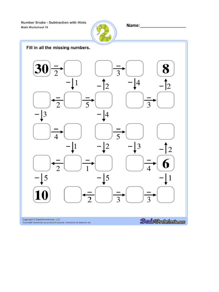 Puzzles - Number Snake Maze - Number Snake Subtraction With Hints | PDF