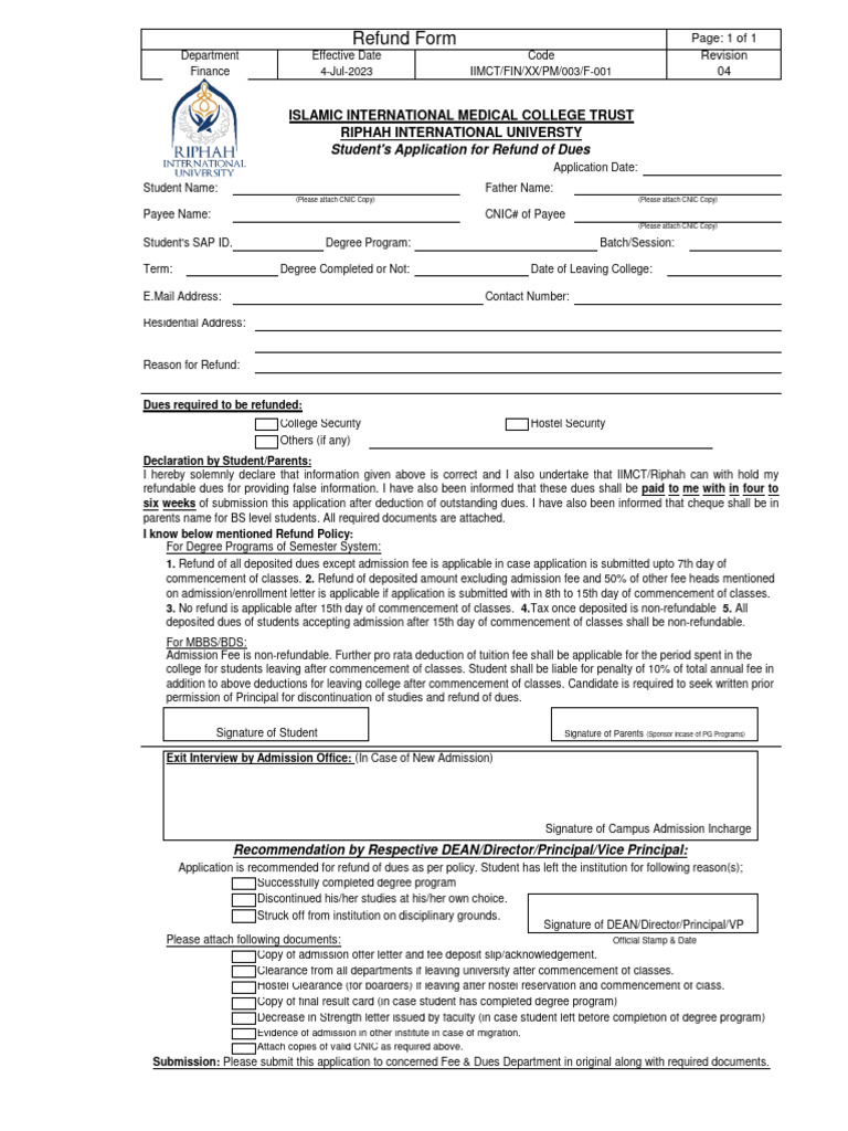 Fee Refund Form-V4 (Latest) | PDF