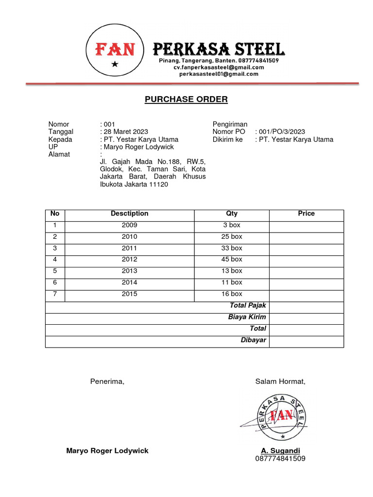 PO PT. Yestar Karya Utama | PDF