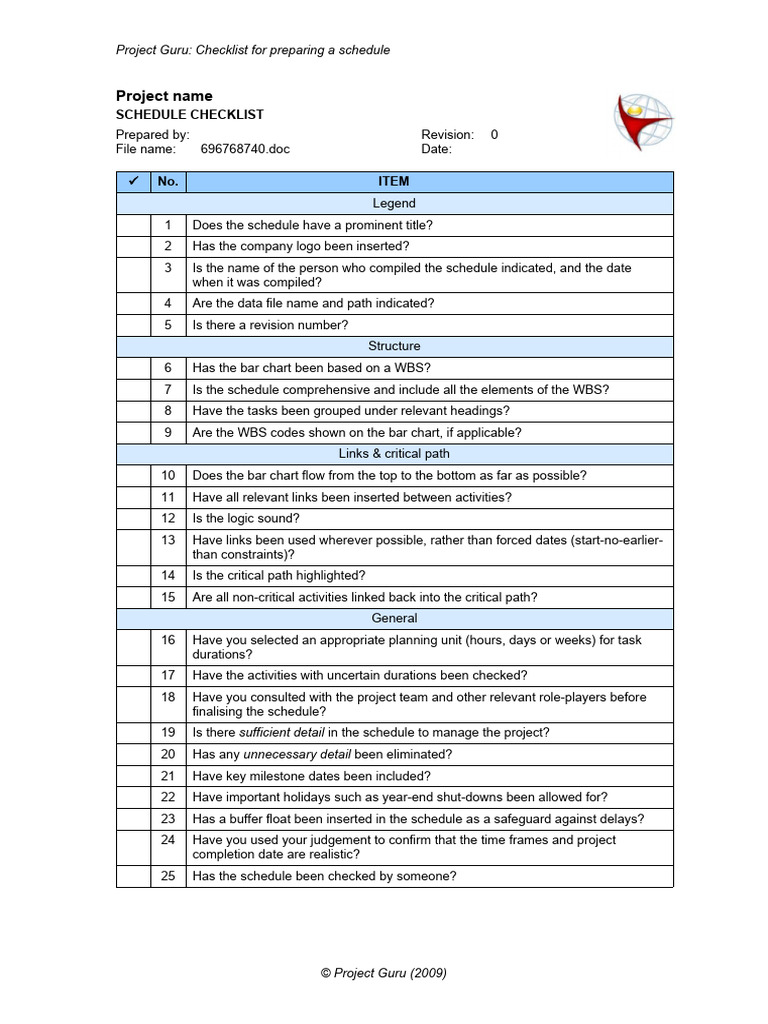 Checklist Schedule Rev0 | PDF