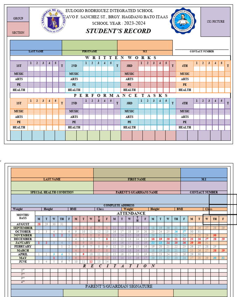 Student Record MAPEH 23 24 Template | PDF