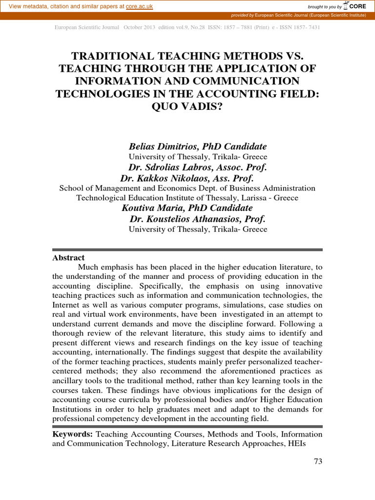 Traditional Teaching Methods vs. Teaching Through The Application of ...