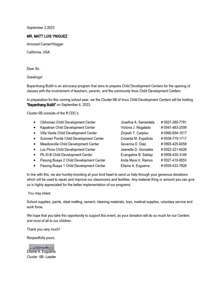 BAYANIHANG BULILIT LETTER (1) | PDF