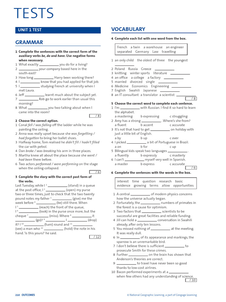 Unit 1 & 2 Grammar Tests | PDF | English Language | Sentence (Linguistics)