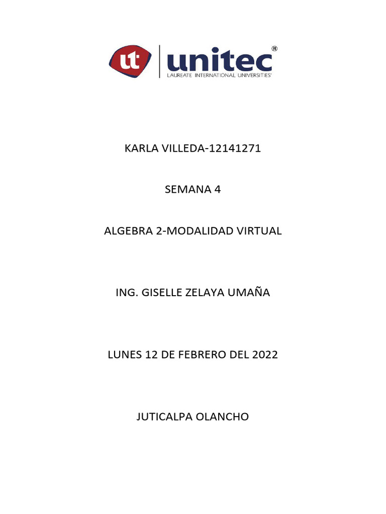 KARLA VILLEDA-12141271 Semana 4 Algebra 2-Modalidad Virtual | PDF