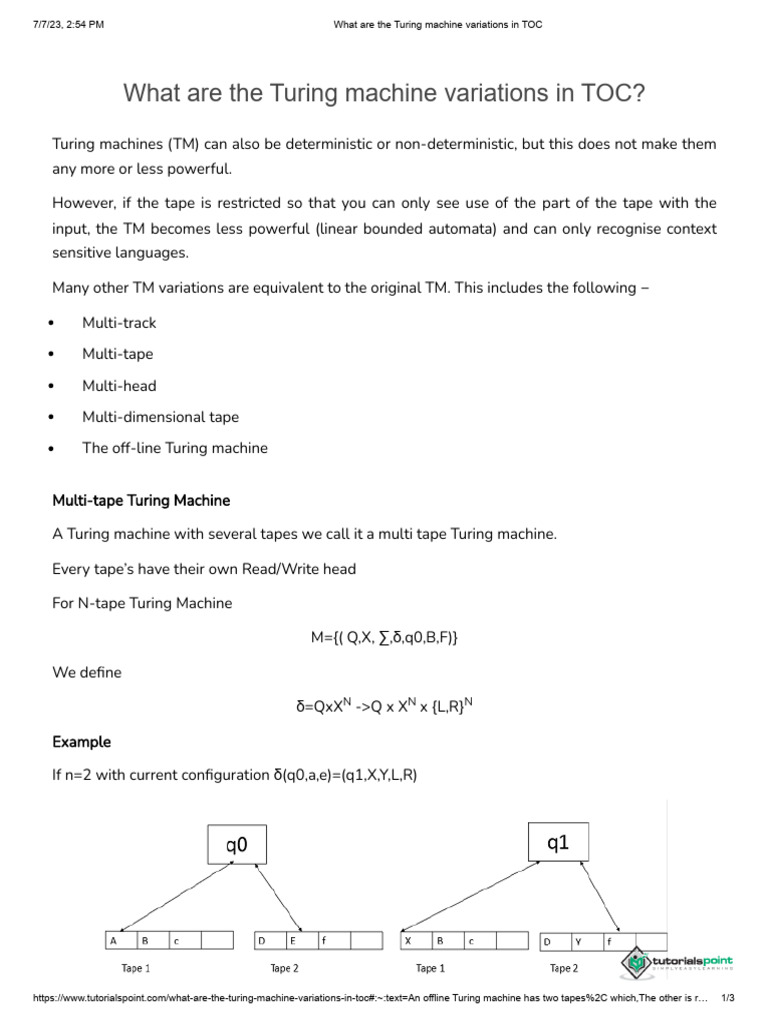 What Are The Turing Machine Variations in TOC | PDF