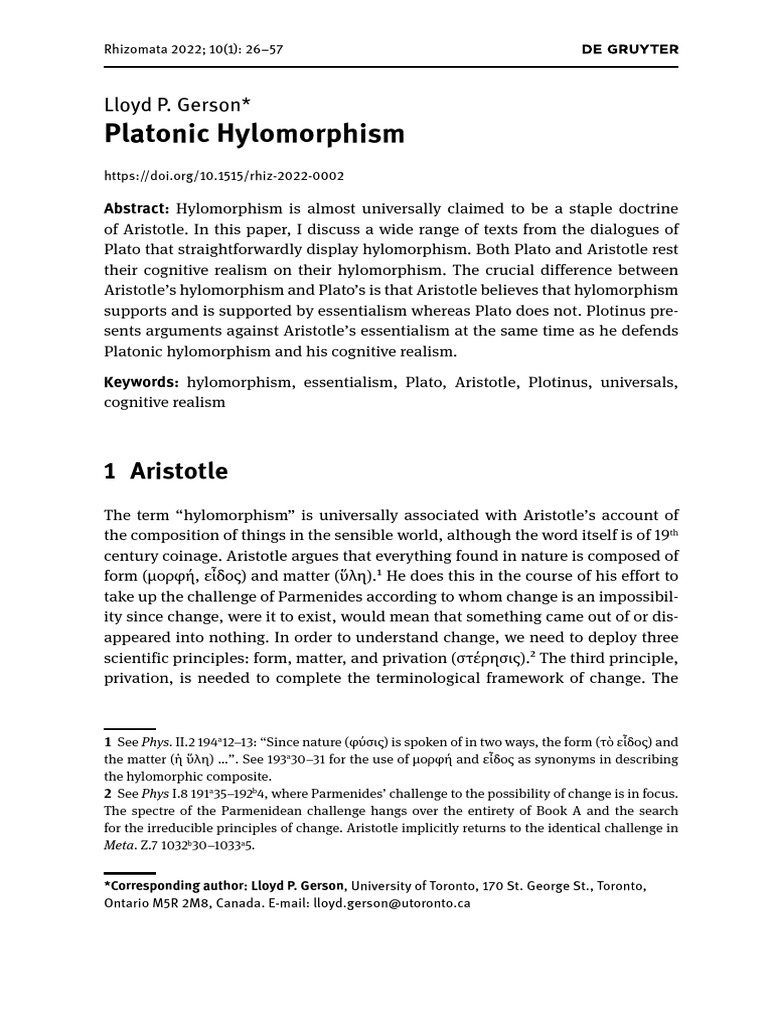 Platonic Hylomorphism | PDF | Plato | Aristotle