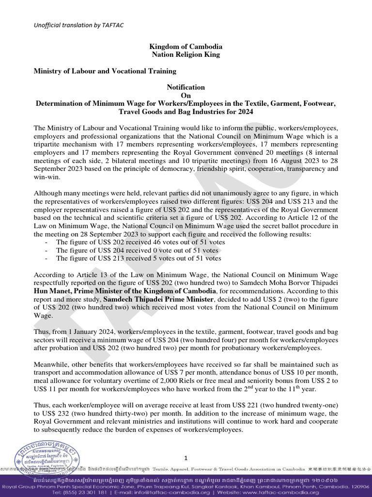 Notification On Minimum Wage 2024 (Eng) | PDF