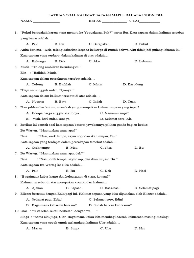 Latihan Soal Kata Sapaan Bahasa Indonesia | PDF