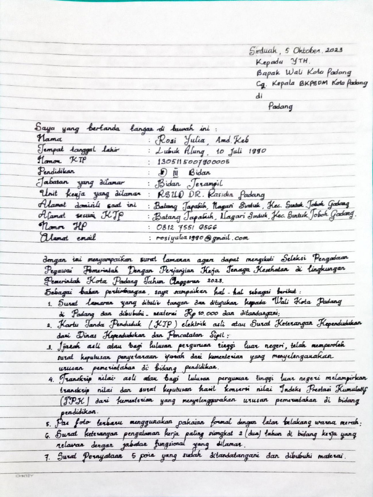 Surat Lamaran Rosi Yulia | PDF