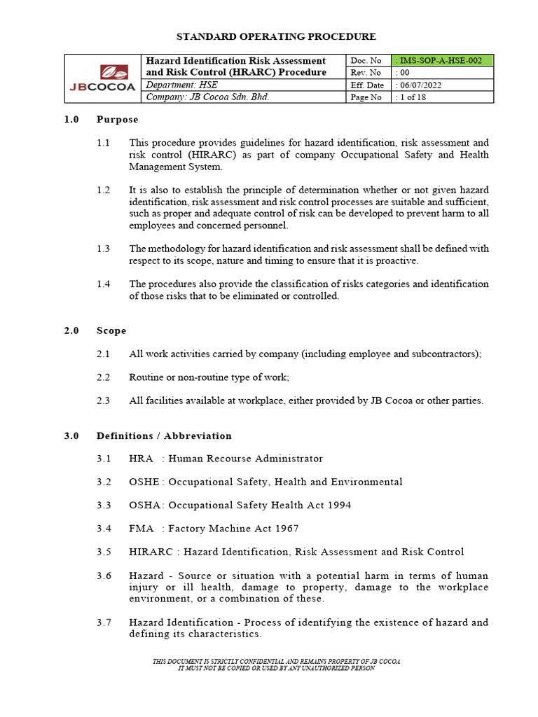 SOP for HIRARC (IMS-SOP-A-HSE-002_Rev 00) | PDF