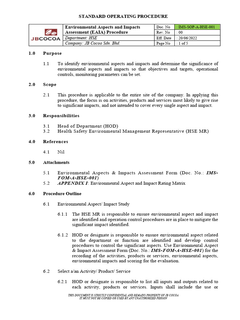 SOP For Environmental Aspects and Impacts Assessment (EAIA) (IMS-SOP-A ...