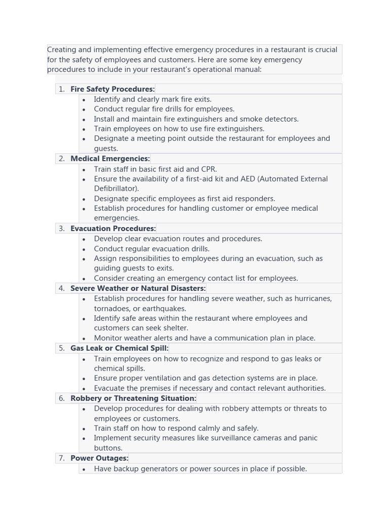Restaurant Emergency Procedures | PDF