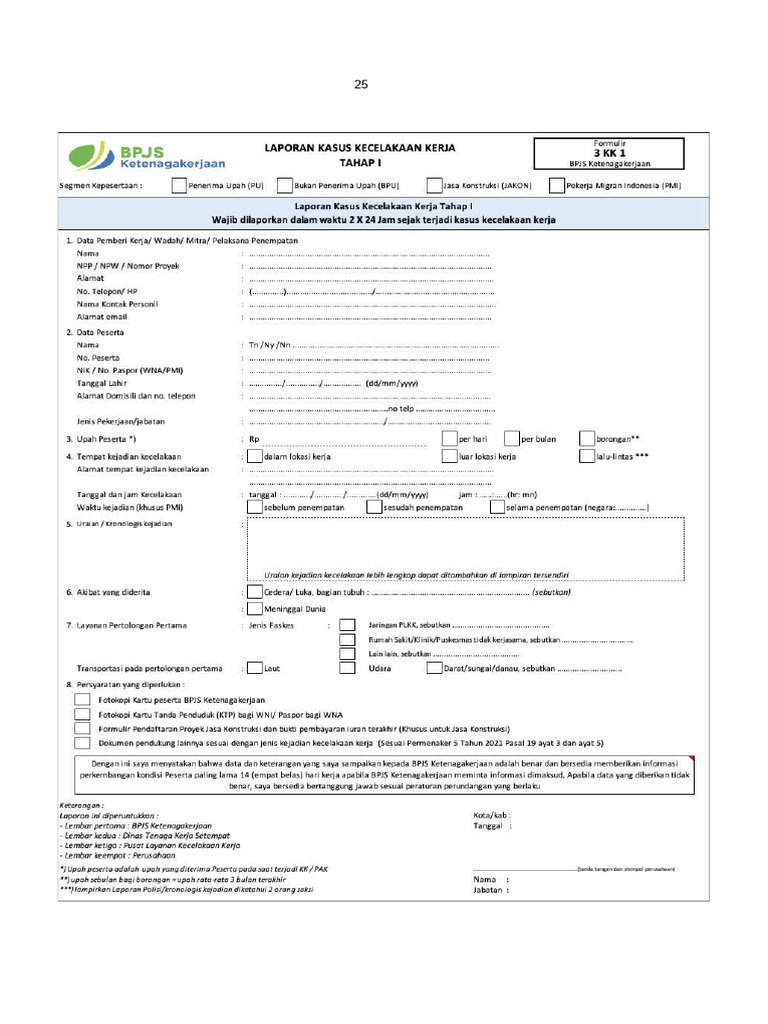 FORM LAPORAN KASUS KECELAKAAN KERJA TAHAP 1 (1) | PDF