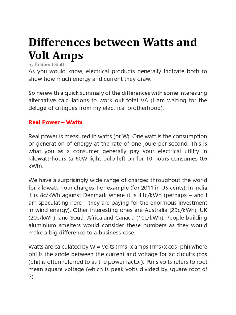Differences Between Watts and Volt Amps | PDF